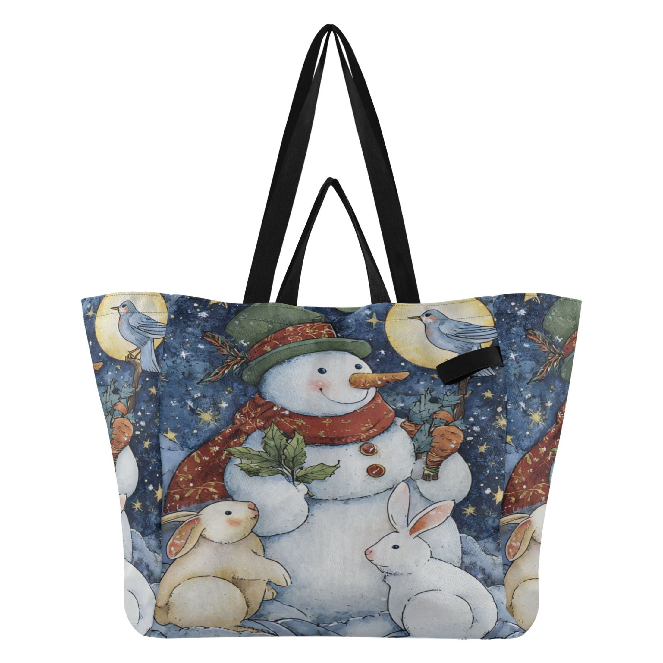 Snowman with Rabbits Canvas Tote Bag Large Capacity Reusable Tote with ...