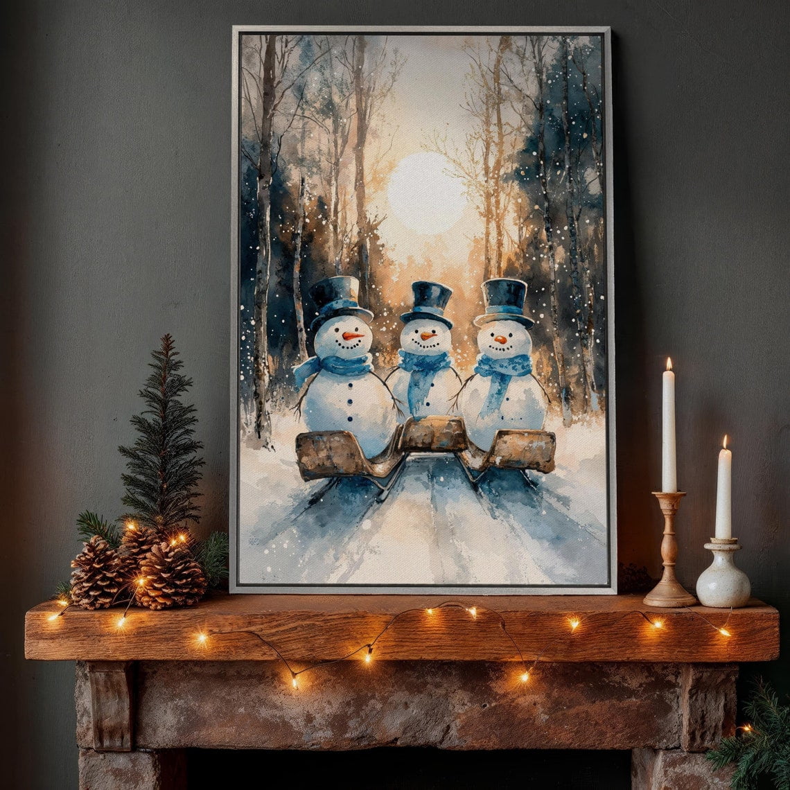 Snowmen In Traditional Sleds Poster Winter Forest Wall Artseason Poster ...