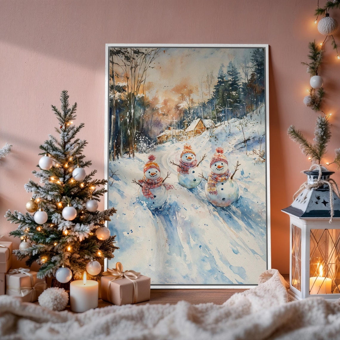 Snowmen On Snow Slide Poster Winter Wall Art Snowman Poster Rustic ...