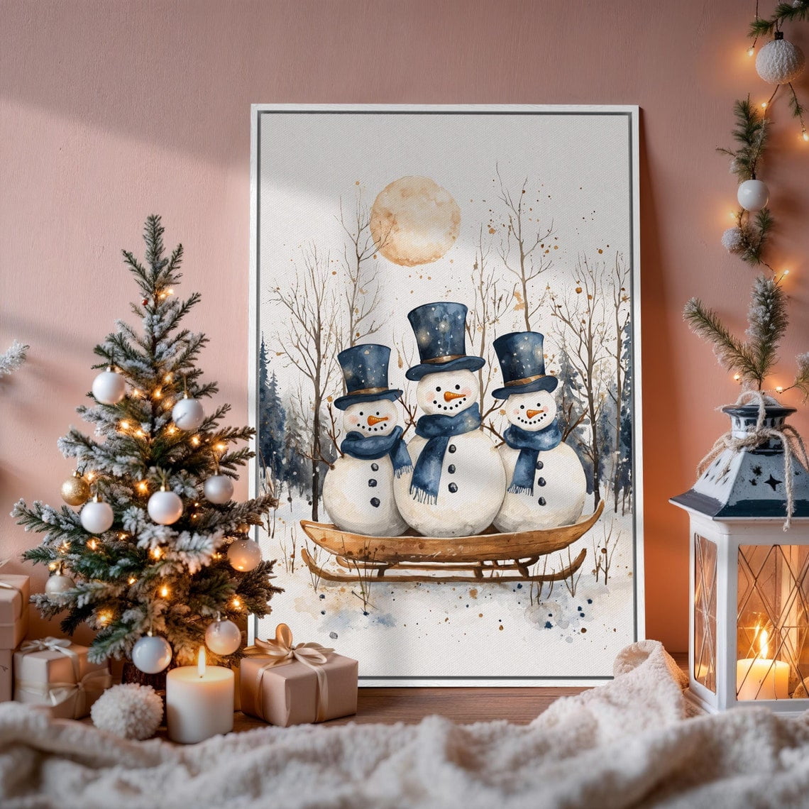 Snowmen On Traditional Sled Poster Snowman Wall Art Winter Wonderland ...