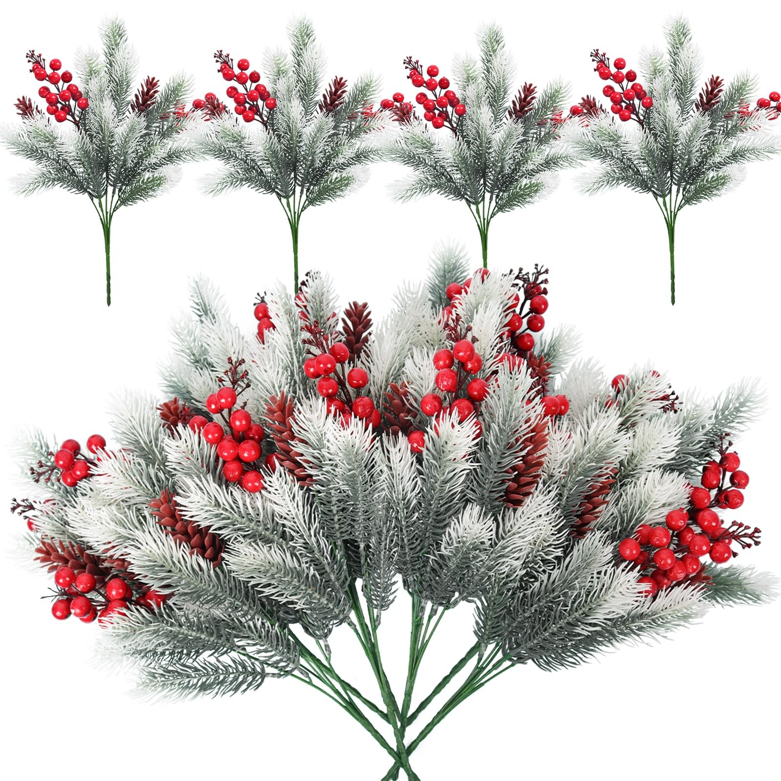 Snowy Artificial Cedar Picks with Red Berries Frosted Faux Cedar Sprays ...