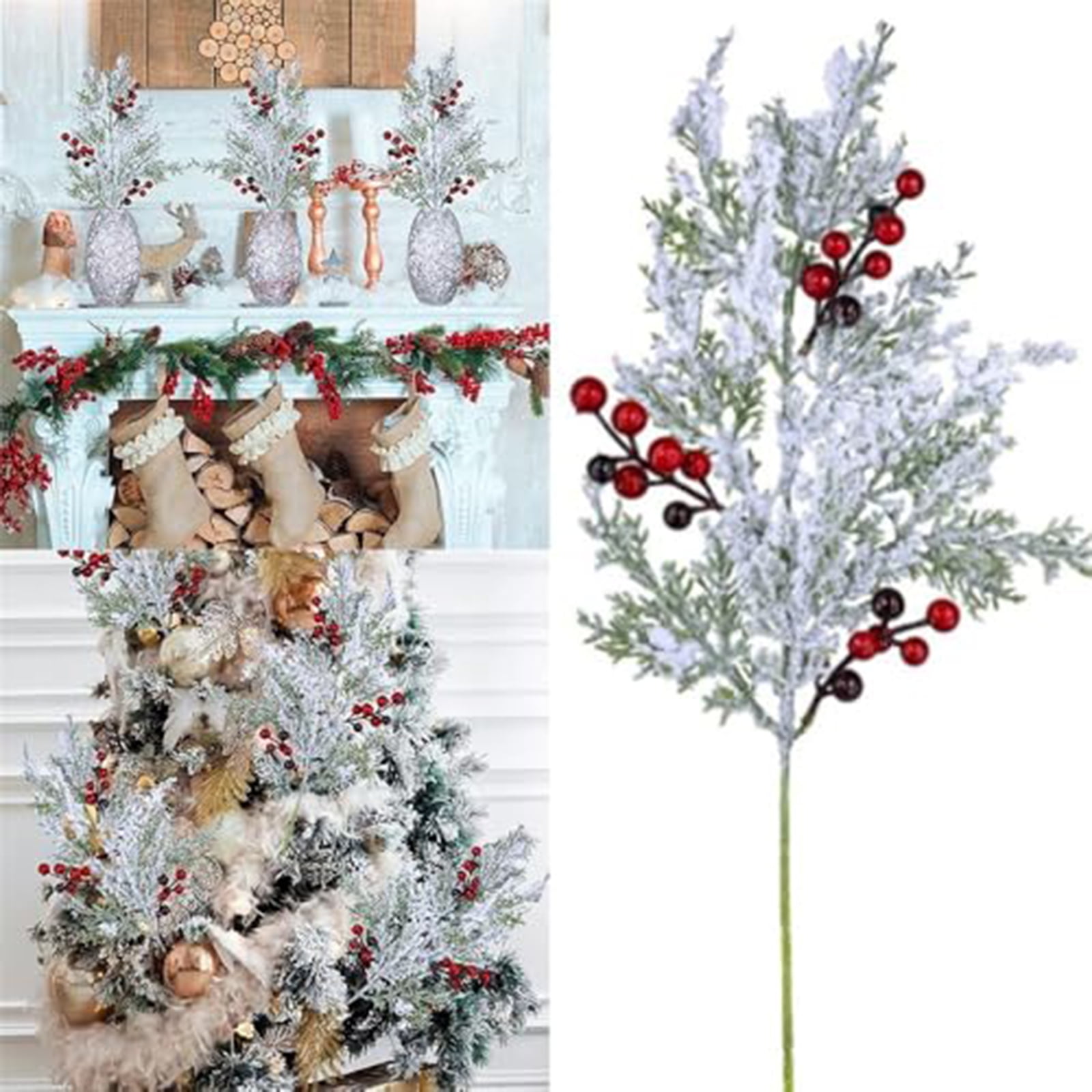 Snowy Artificial Cedar Picks with Red Berries Frosted Faux Cedar Sprays ...