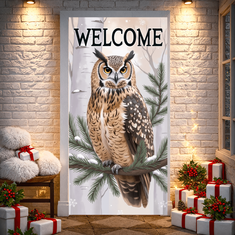 Snowy Background Owl Illustration Nature Scene Welcome Sign for Home ...