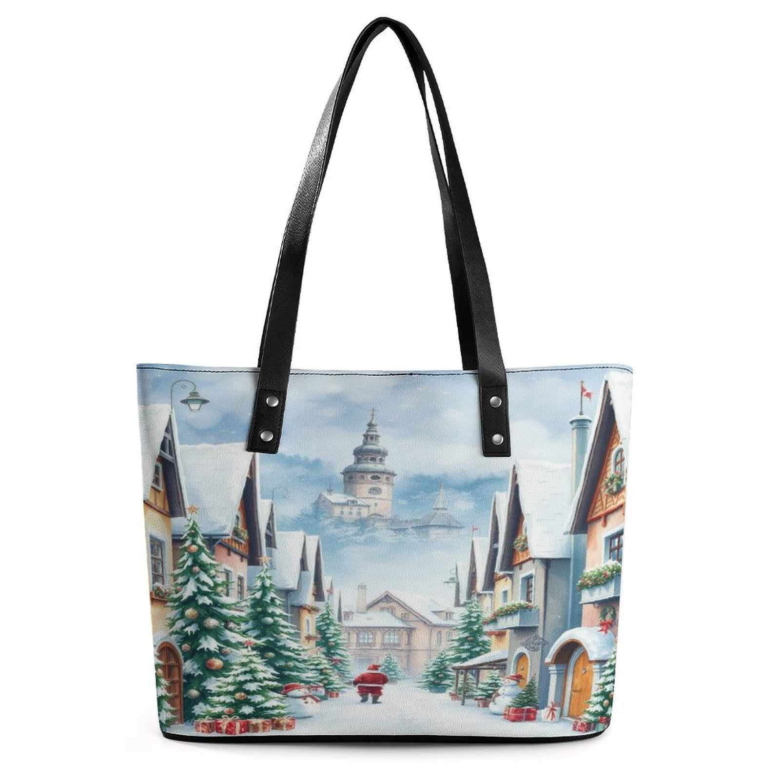 Snowy Christmas Village Handbags PU Leather Shoulder Bag Tote Bag Top ...