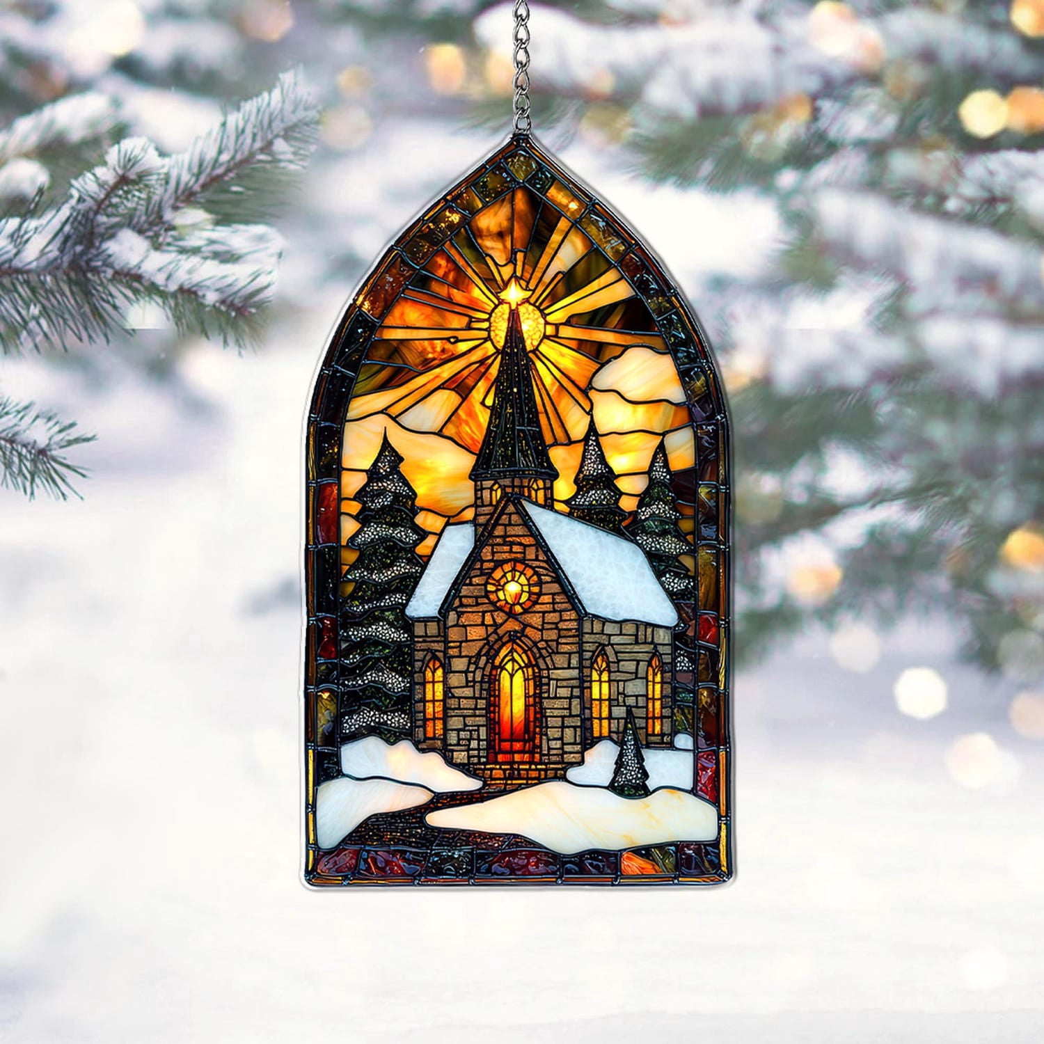Snowy Church Acrylic Window Hanging, Holiday Chapel Faux Stained Glass ...