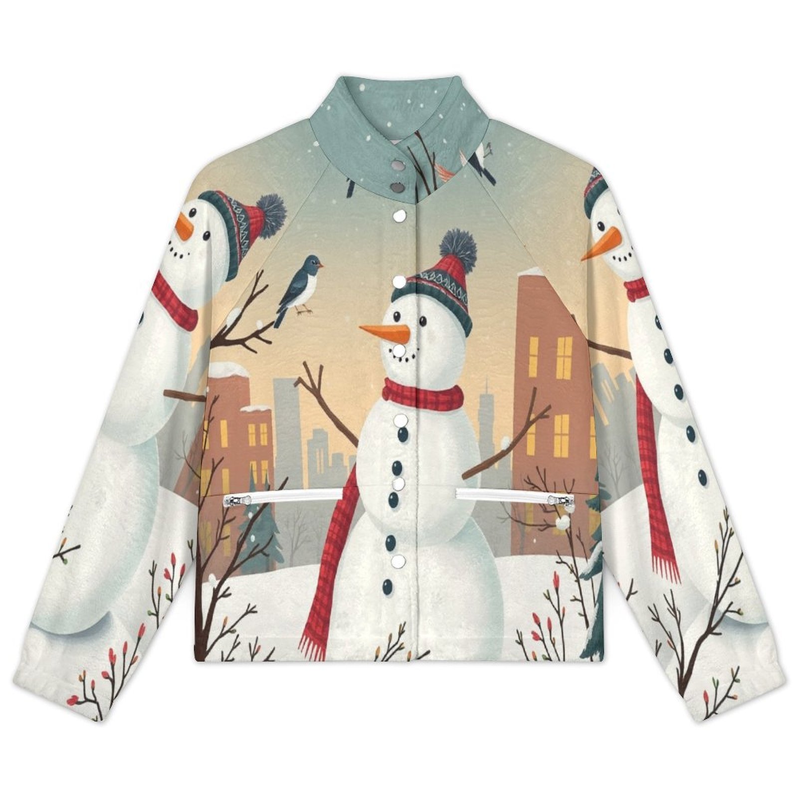 Snowy City Snowman Warm Women's Plush Jacket Stand Collar Full Sleeve ...