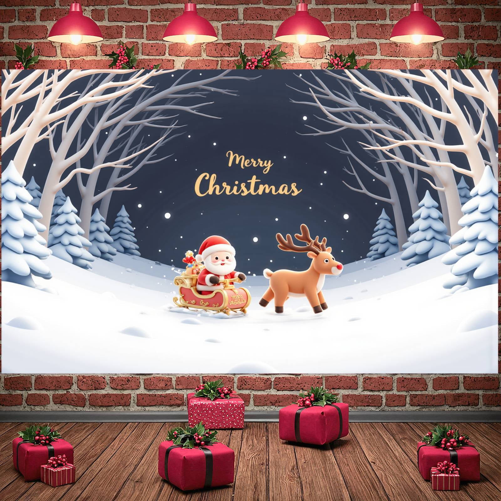 Snowy Design Merry Christmas Polyester Banner Santa Theme Sleigh with ...