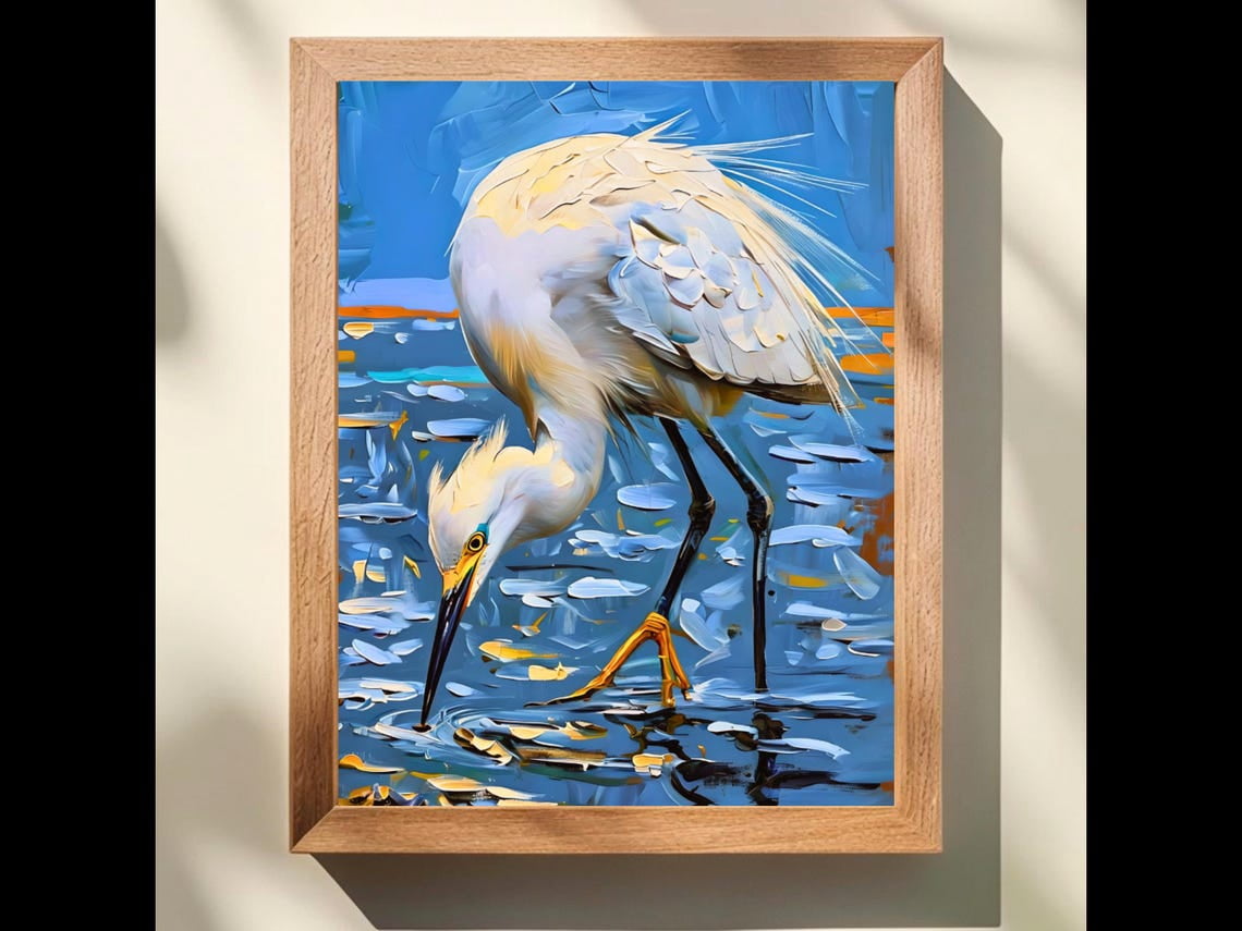 Snowy Egret Wall Art, Coastal Bird Poster For Bathroom Decor, Wading ...
