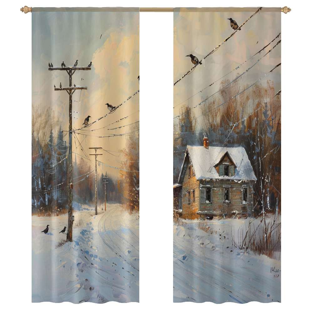Snowy Lane Country House Sheer Voile Curtain Window Tulle Curtains For ...
