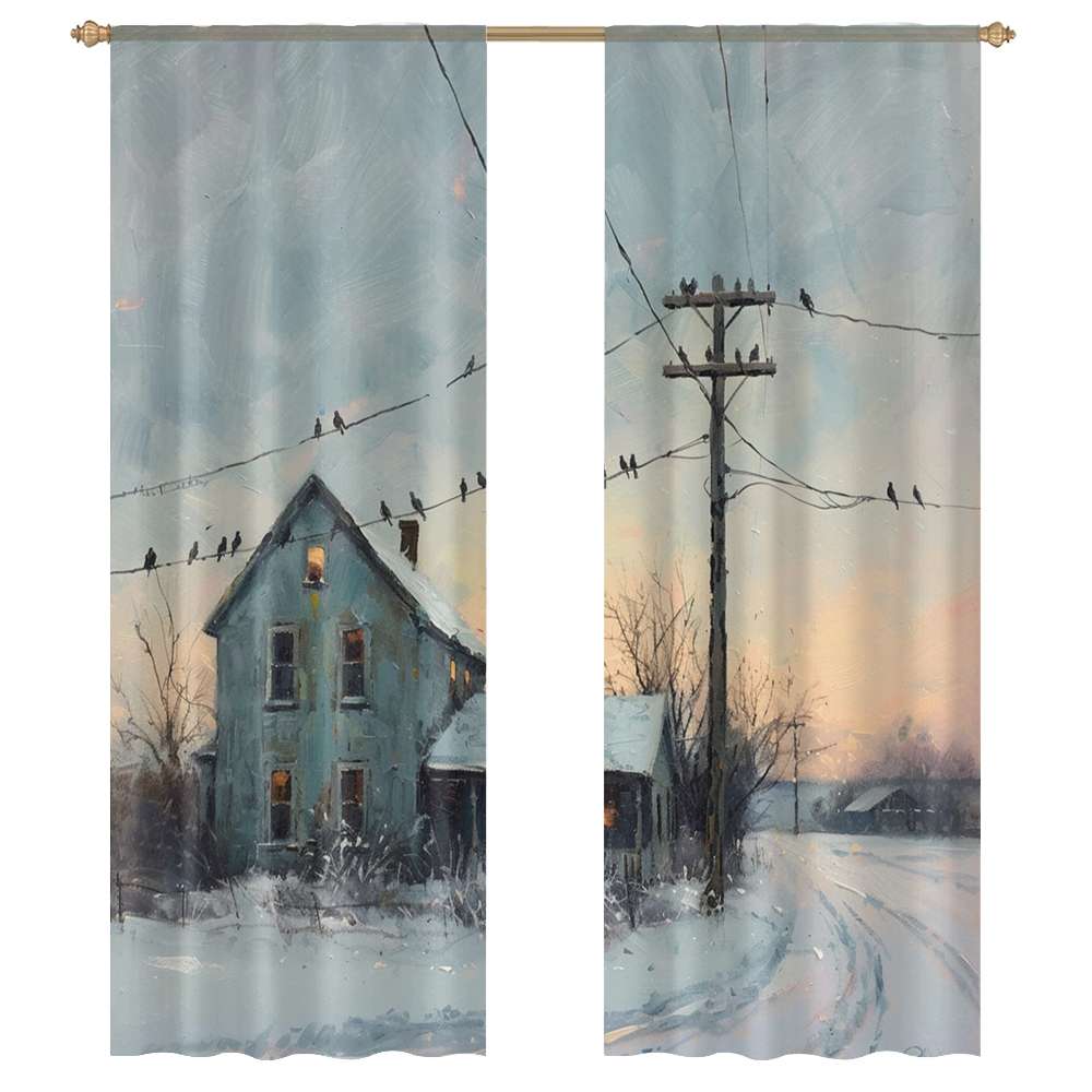 Snowy Lane Country House Sheer Window Curtains for Living Room Kitchen ...