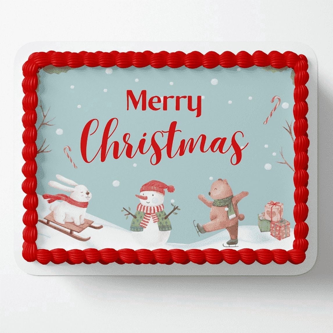 Snowy Merry Christmas Snowman Rabbit Teddy Bear & Presents Edible Image ...