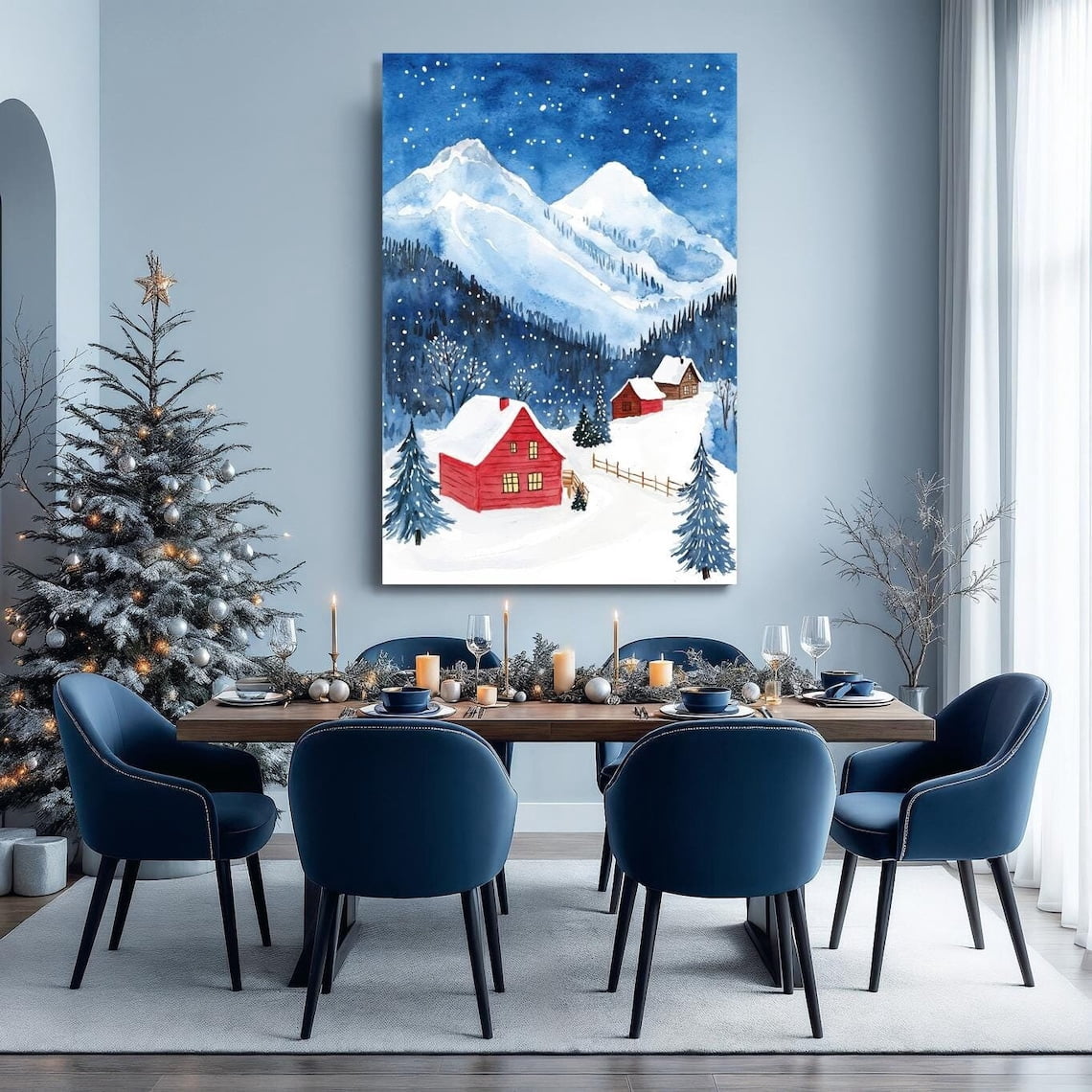 Snowy Mountain Cabins Wall Art Winter Landscape Poster Rustic Winter ...