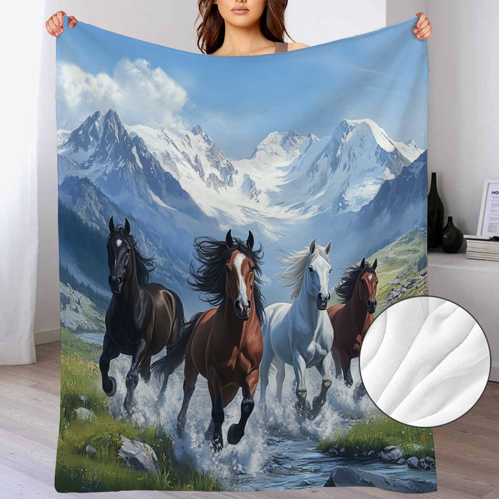Snowy Mountain Horse Watercolor Winter Wildlife Throw Blanket, Soft ...