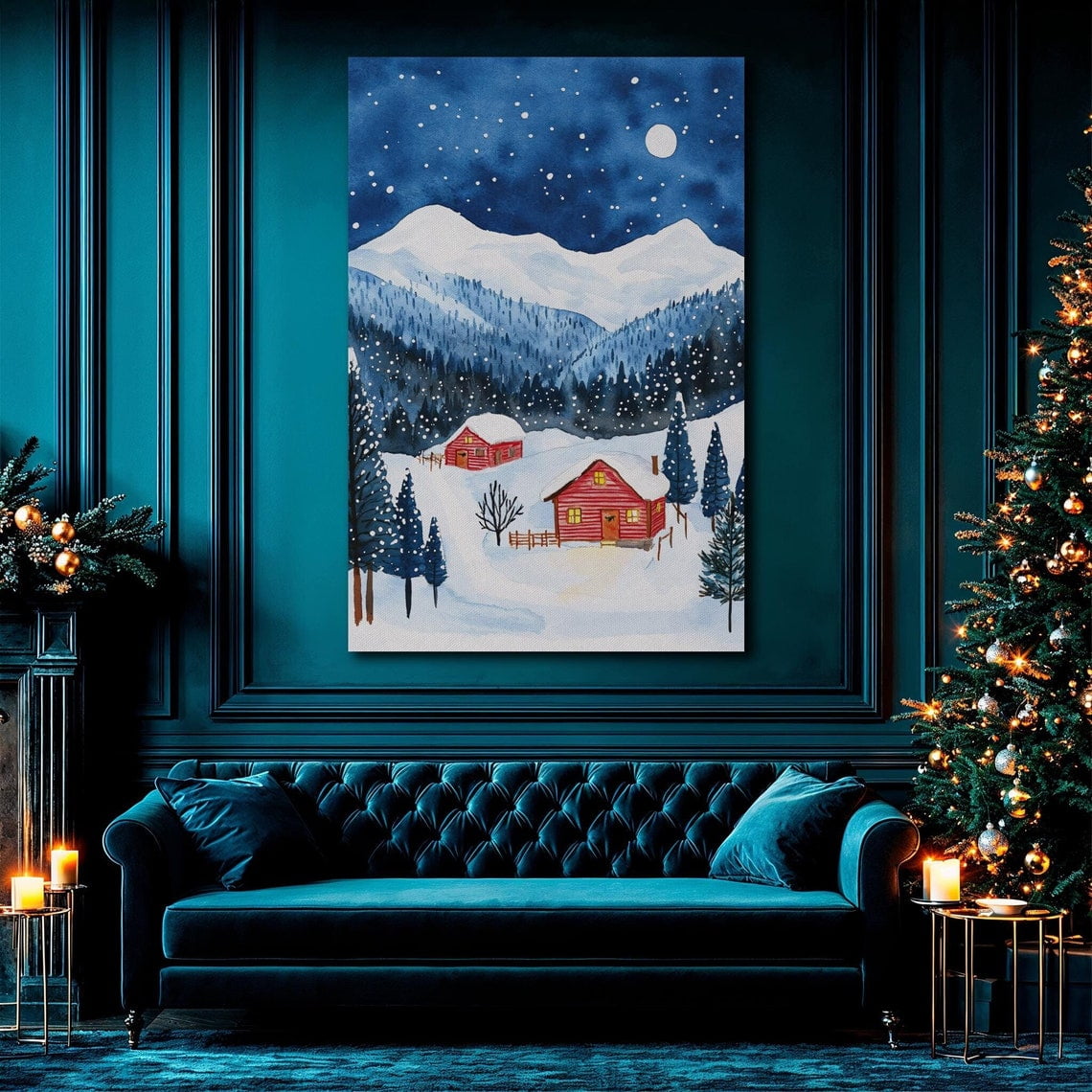 Snowy Mountain Landscape Wall Art Red Cottages Poster Winter Forest ...