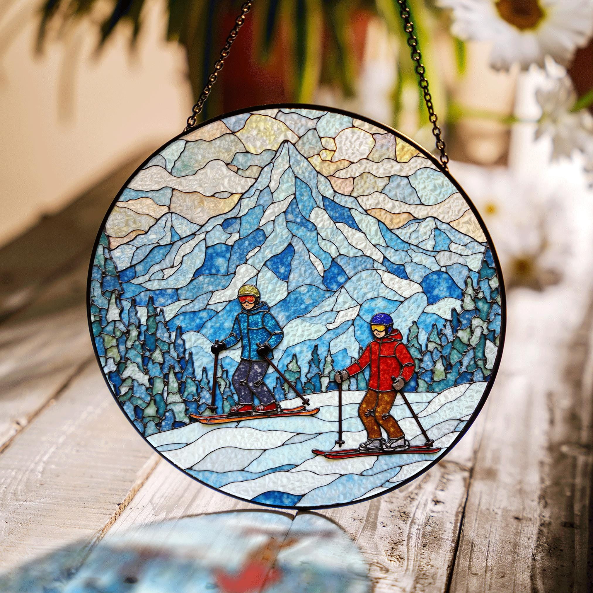 Snowy Mountain Skiers Stained Glass Suncatcher Winter Decor Ski Art ...