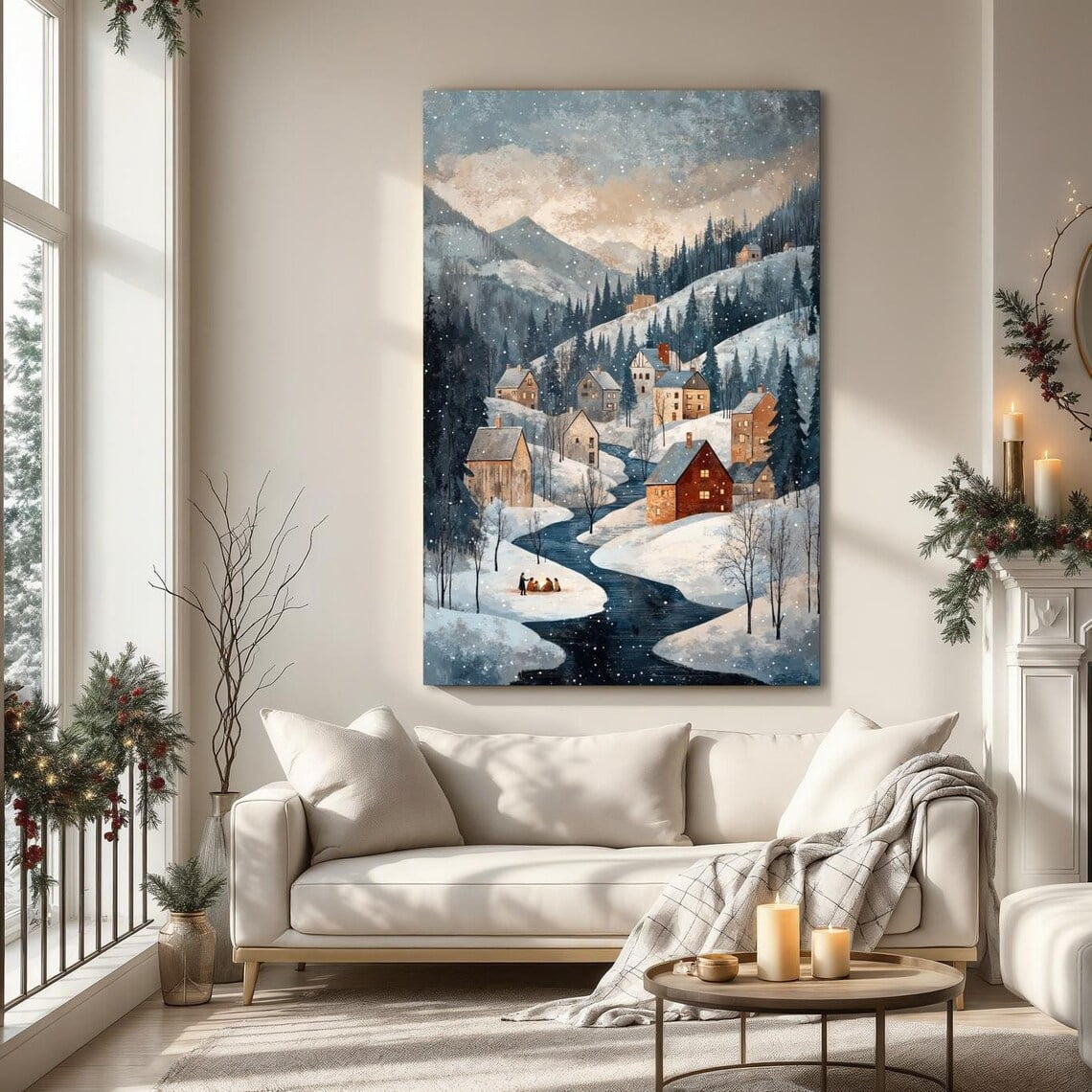 Snowy Mountain Village By The River Wall Art Winter Landscape Poster ...