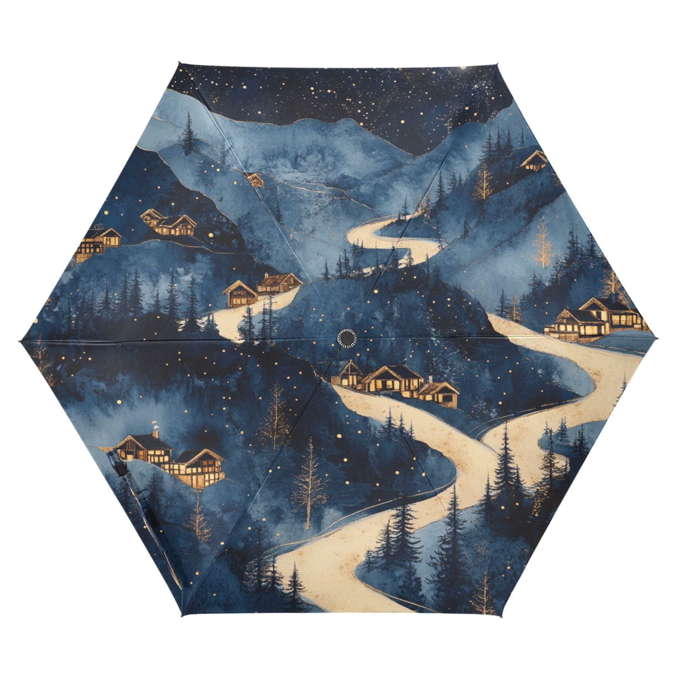 Snowy Mountain Village Folding Umbrella UV50+ Waterproof Sun Protection ...