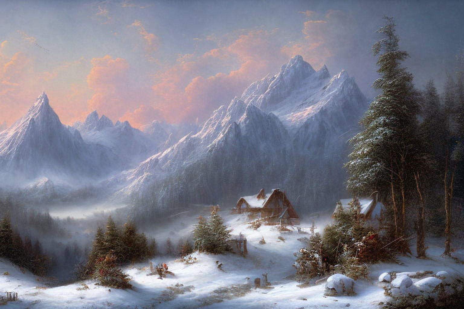 Snowy Mountainscape with Trees in Winter Art Print - Walmart.com
