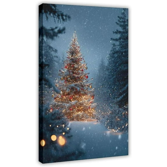 Snowy Night Canvas Wall Art Light Up Christmas Tree Picture Painting ...