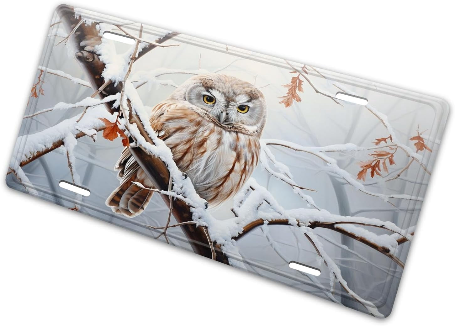 Snowy Owl in Tree Branch on Winter Snow Forest Creative License Plate ...