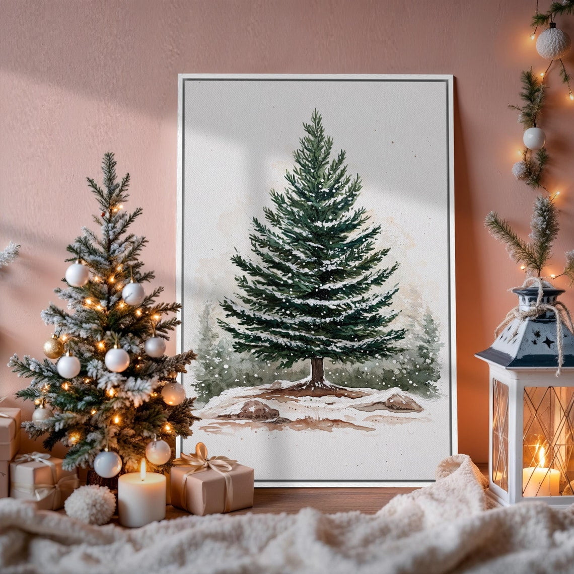 Snowy Pine Tree Poster Festive Winter Wall Art Tree Poster Rustic Decor ...
