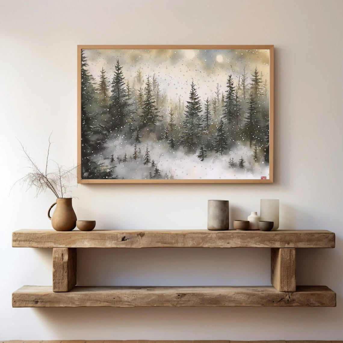 Snowy Pine Tree , Snow Winter Landscape Poster Rustic Winter Art ...