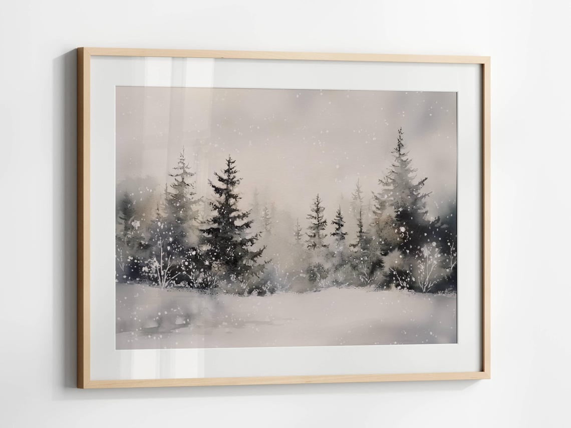 Snowy Pine Tree , Snow Winter Landscape Poster Rustic Winter Art ...