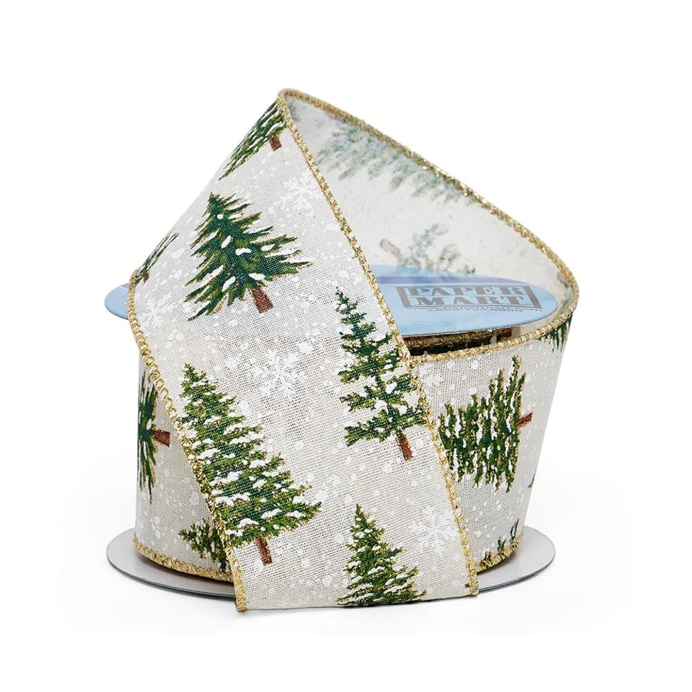 Snowy Pine Trees White Linen Wired Ribbon - 2.5" Wide x 10 Yards ...