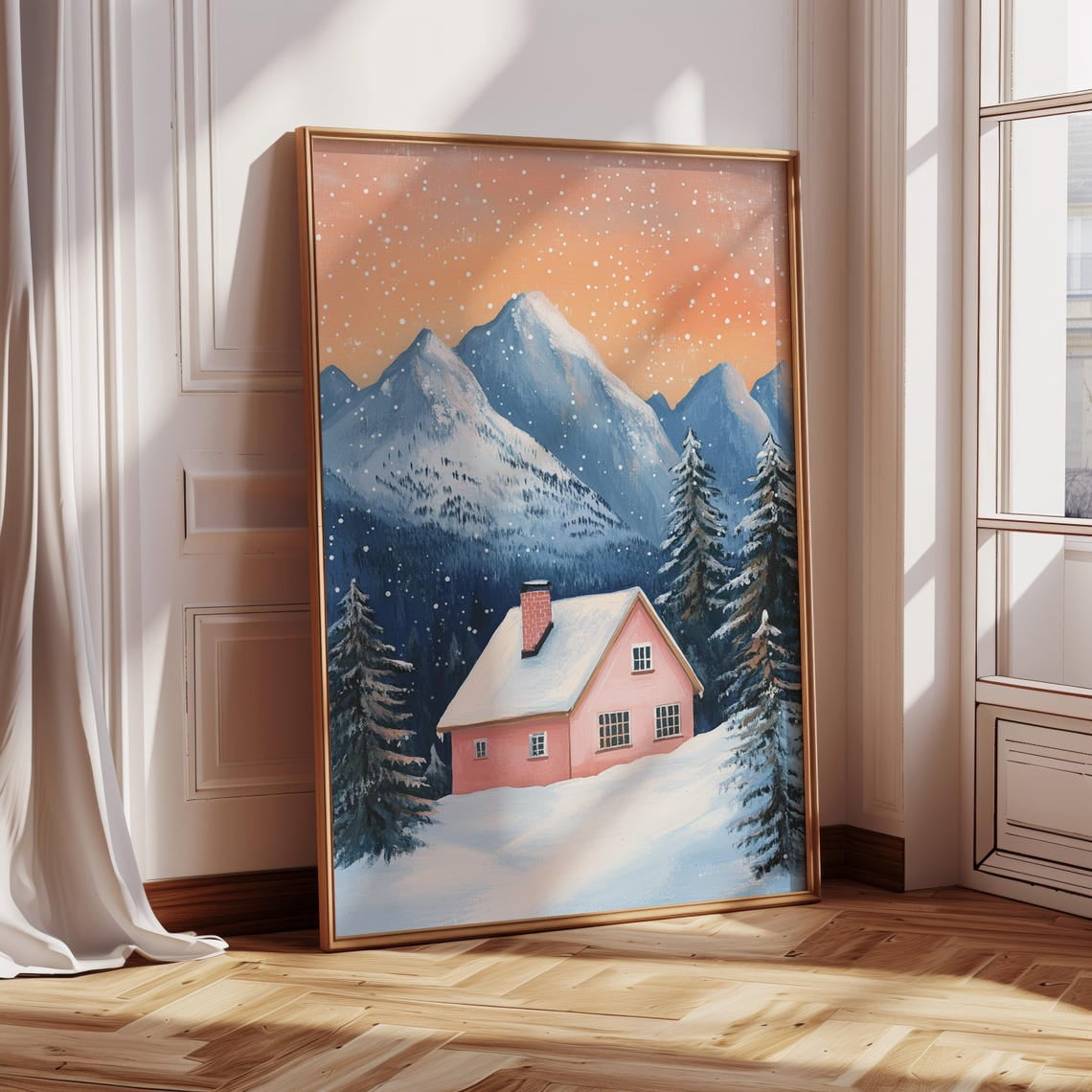 Snowy Pink Cabin Wall Art – Winter Mountain Landscape Print, Cozy Lodge ...
