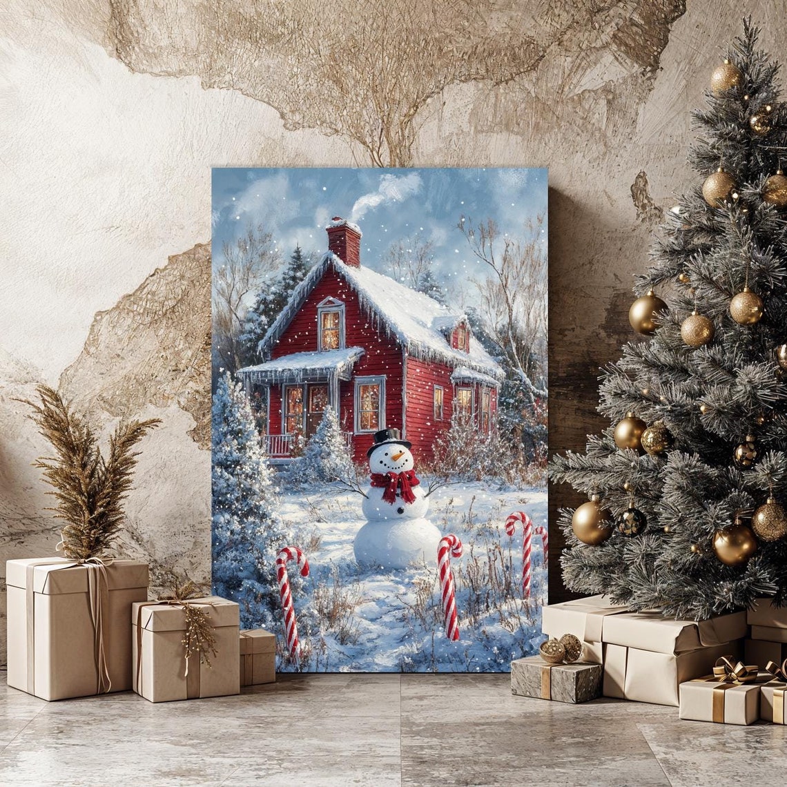 Snowy Red Cabin And Snowman Wall Art Festive Winter Scene Poster Winter ...