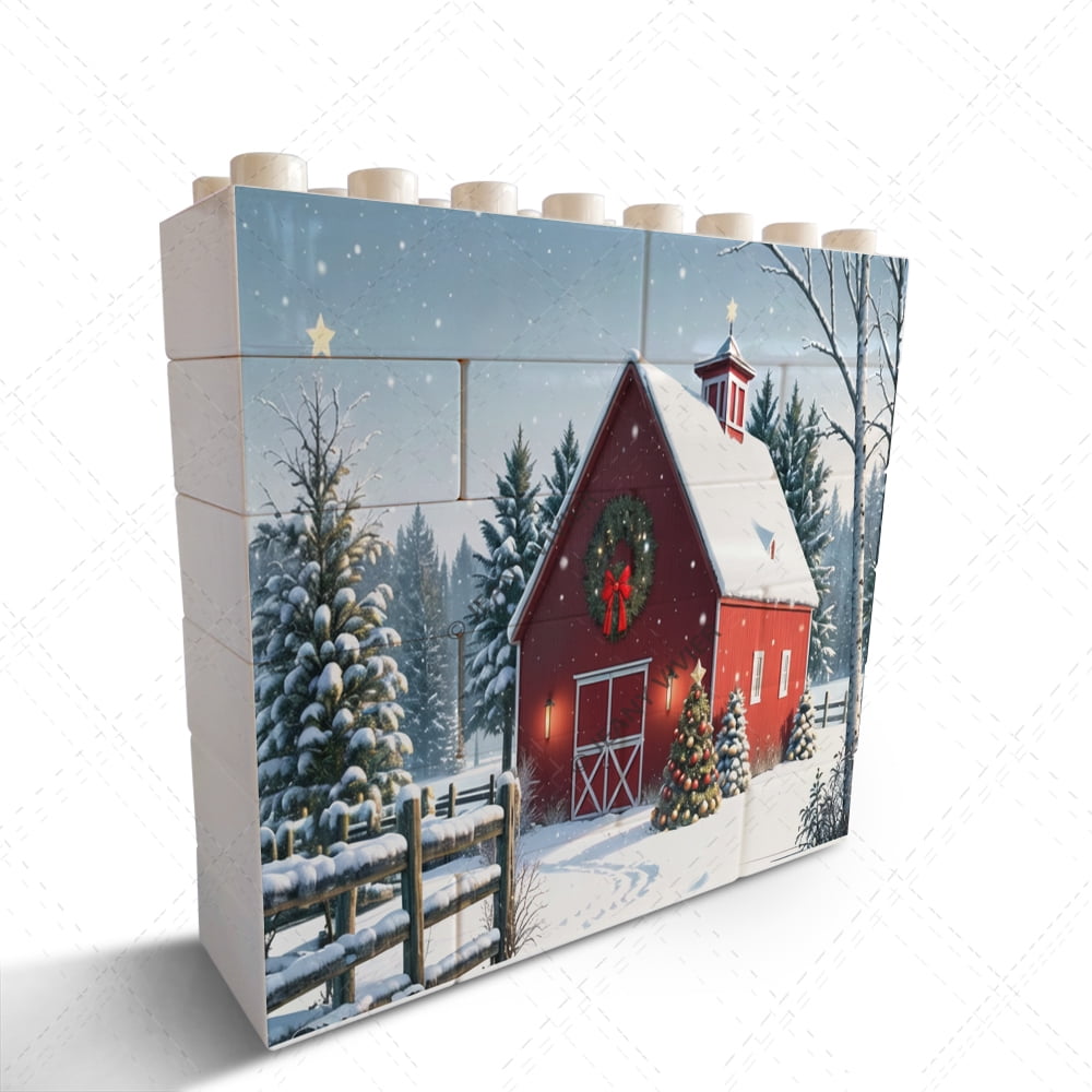 Snowy Red Cabin Themed Novelty Building Brick Funny Block Puzzle ...