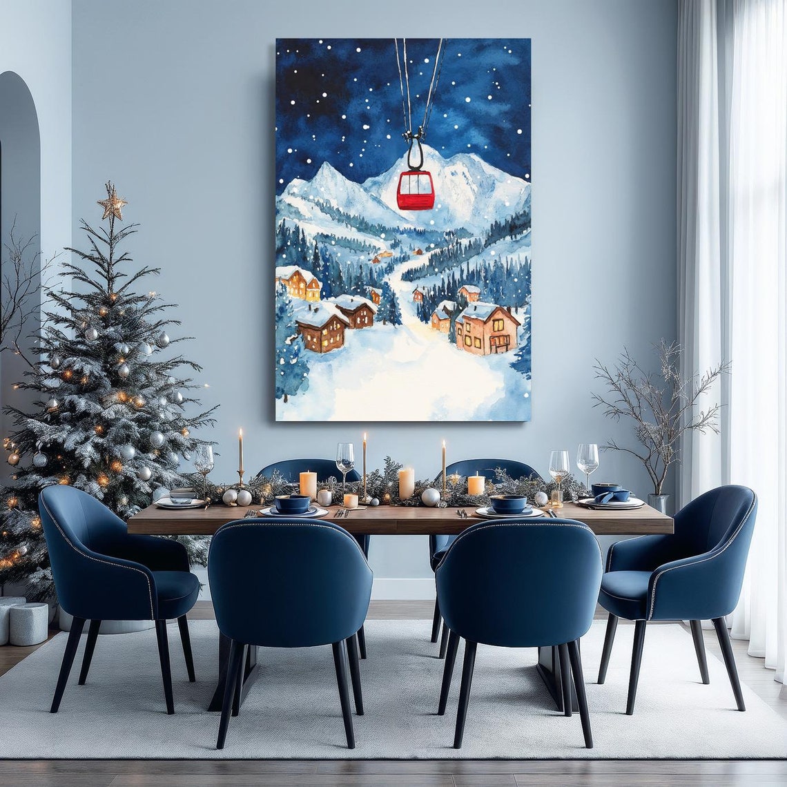 Snowy Ski Village Wall Art Winter Mountain Landscape Poster Winter Cozy ...