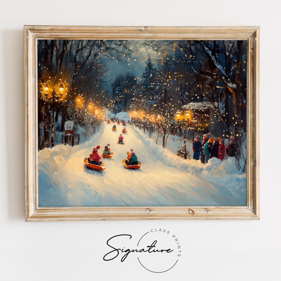 On A Snowy Sledding Path In The Woods, Festive Holiday Scene, Rustic ...