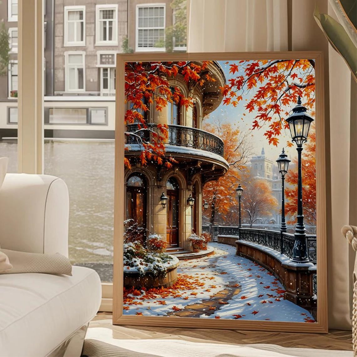 Snowy Street Scene Poster Autumn City Balcony Wall Art UNFRAMED Poster ...