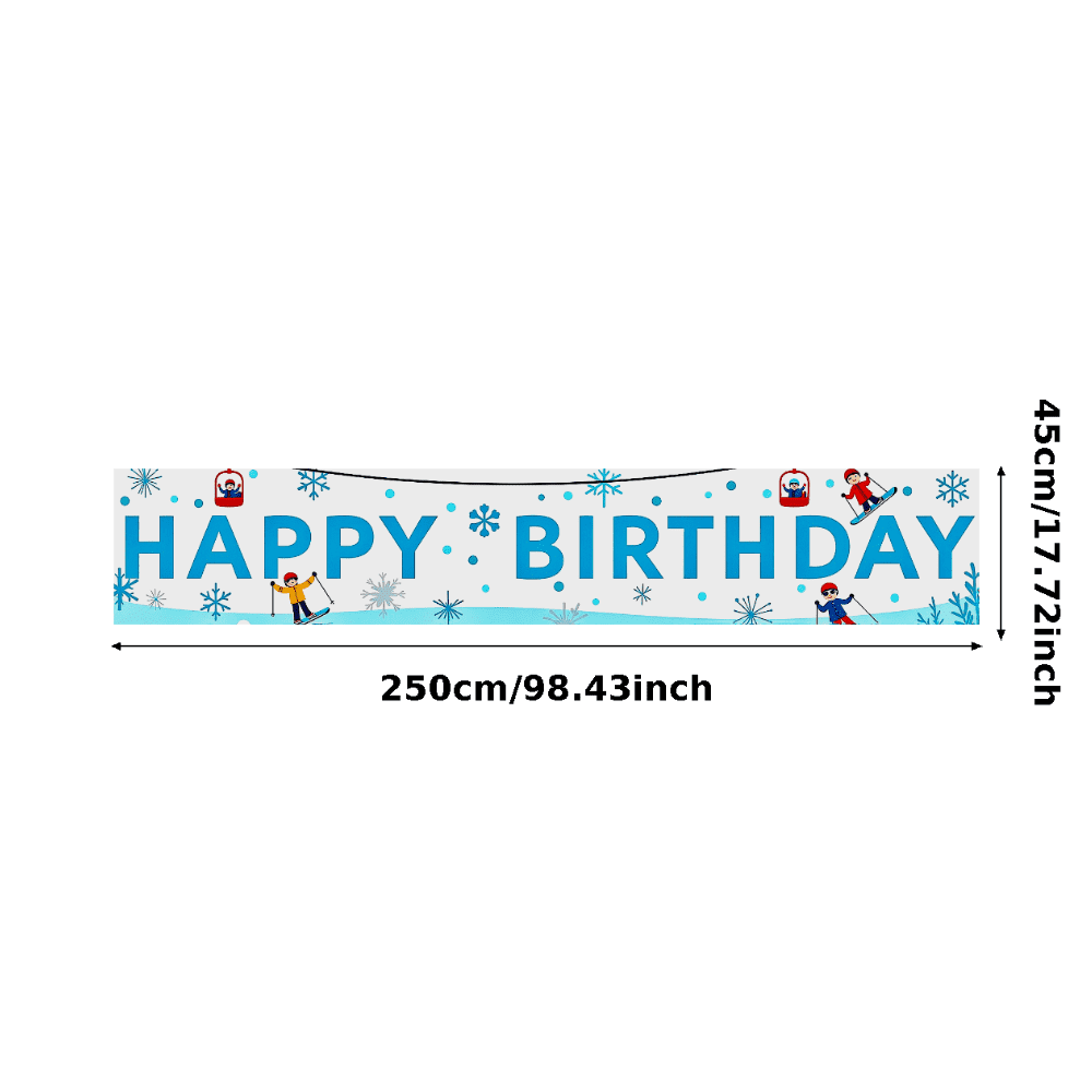 Snowy Theme Happy Birthday Banner with Skiers and Gondolas Backdrop ...