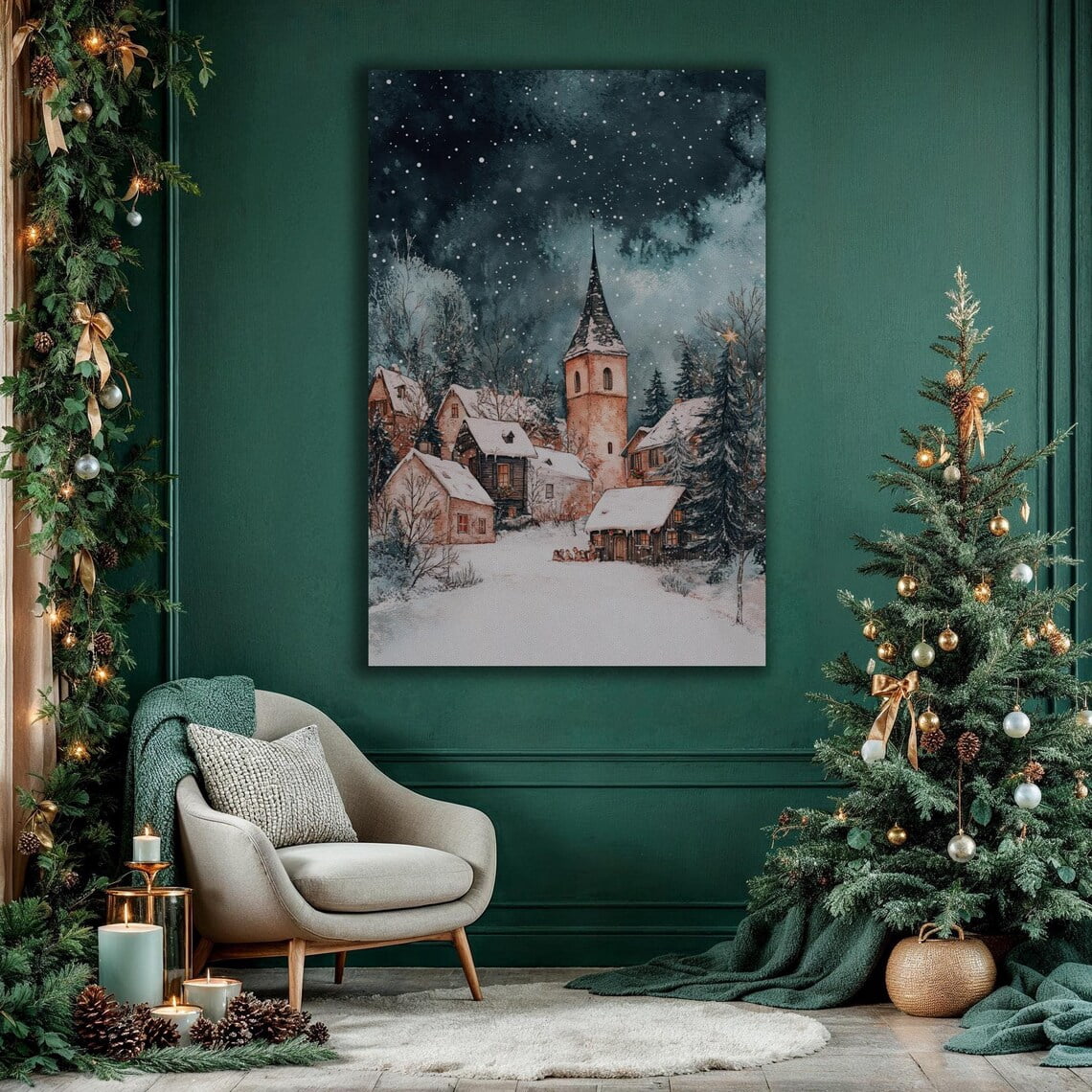 Snowy Village Night Scene Wall Art Winter Landscape Poster Winter ...