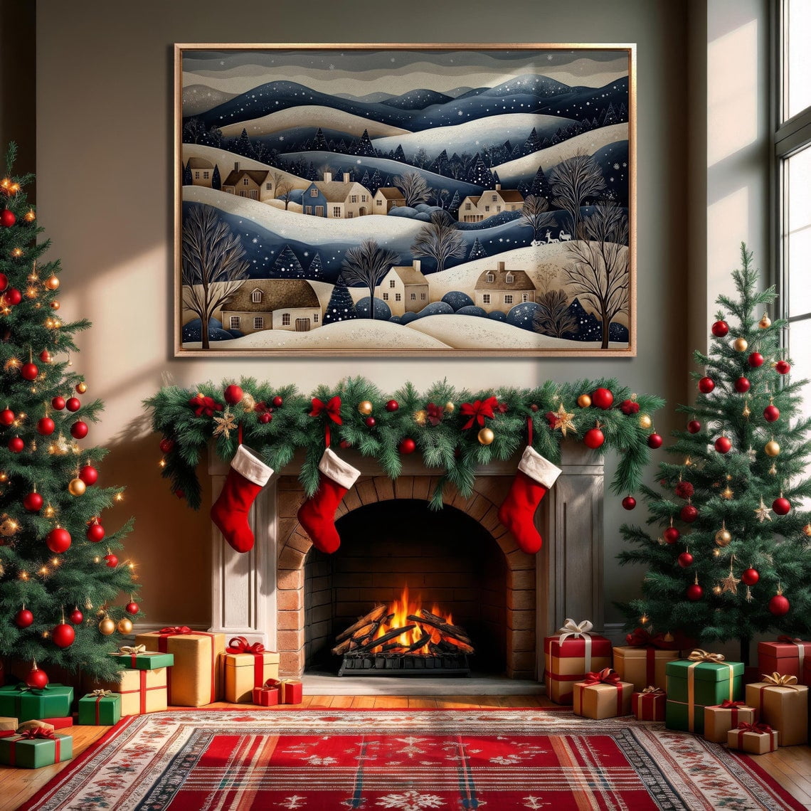 Snowy Village On Hills Poster Winter Wonderland Wall Art Snowfall ...