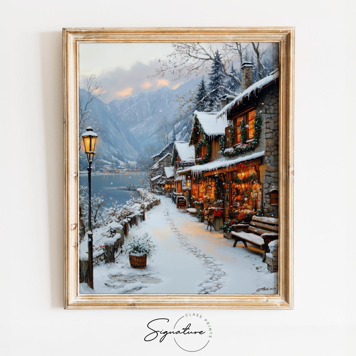 Snowy Village Street With Warm Lantern Glow, Rustic Winter Wall Art ...