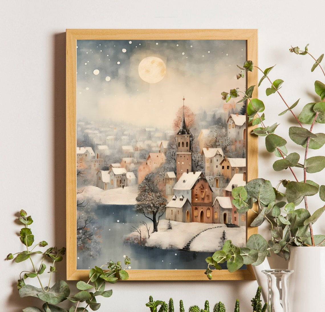 Snowy Wall Art Town Village Art Poster Cozy Winter Night Landscape ...