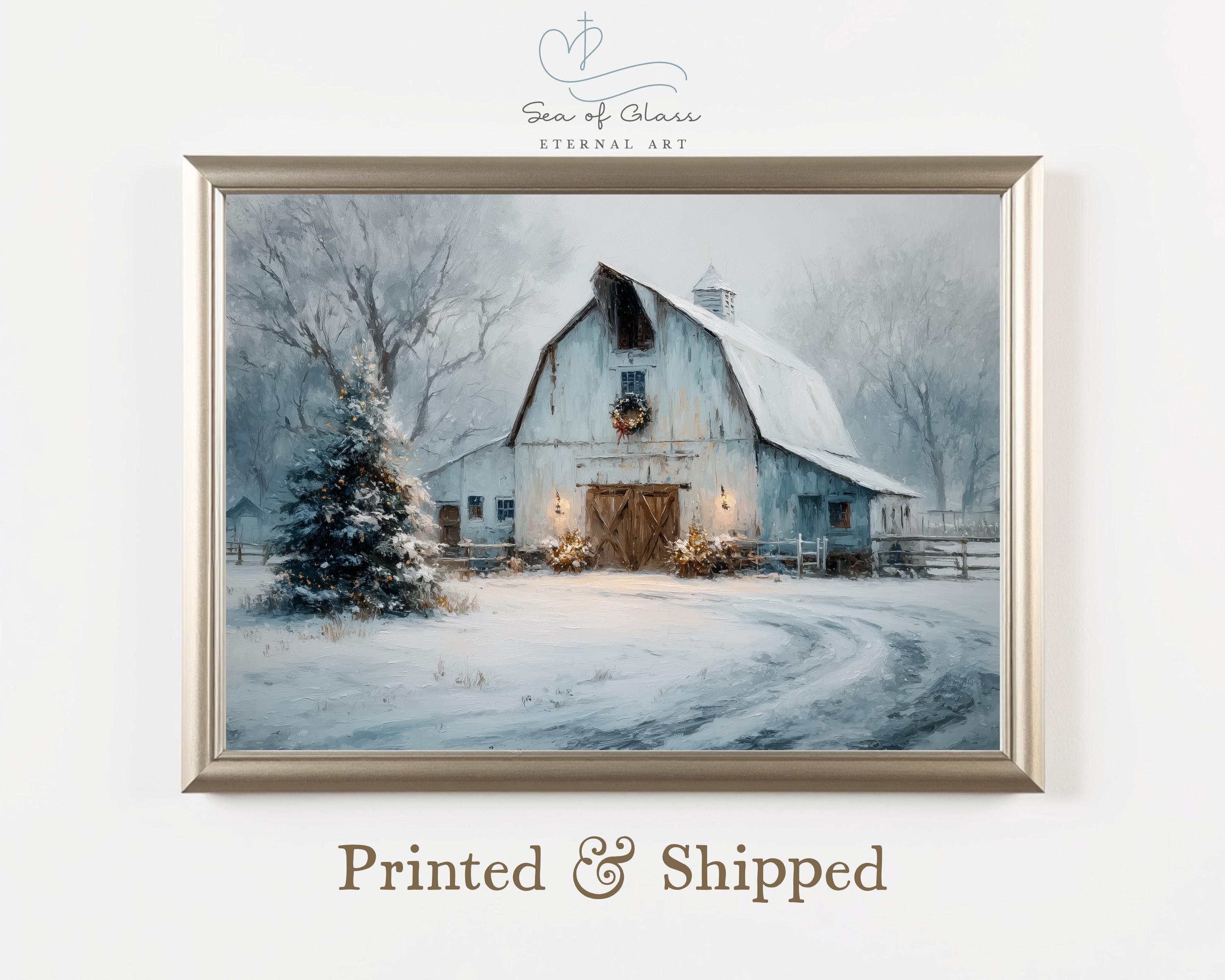 Snowy White Barn Poster Rustic Farmhouse Winter Wall Art Poster Warm ...