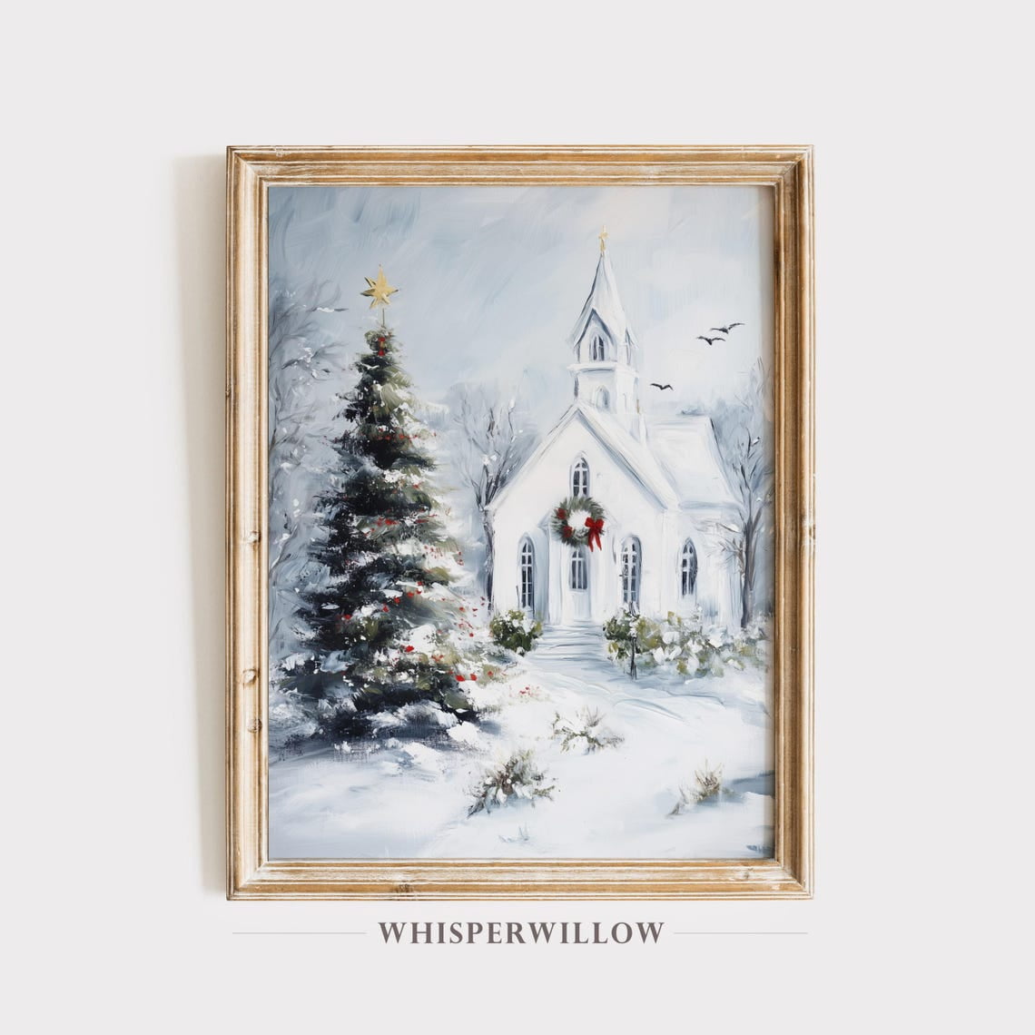 Snowy Winter Holiday Church and Tree, Winter Holiday Decor, Magical ...