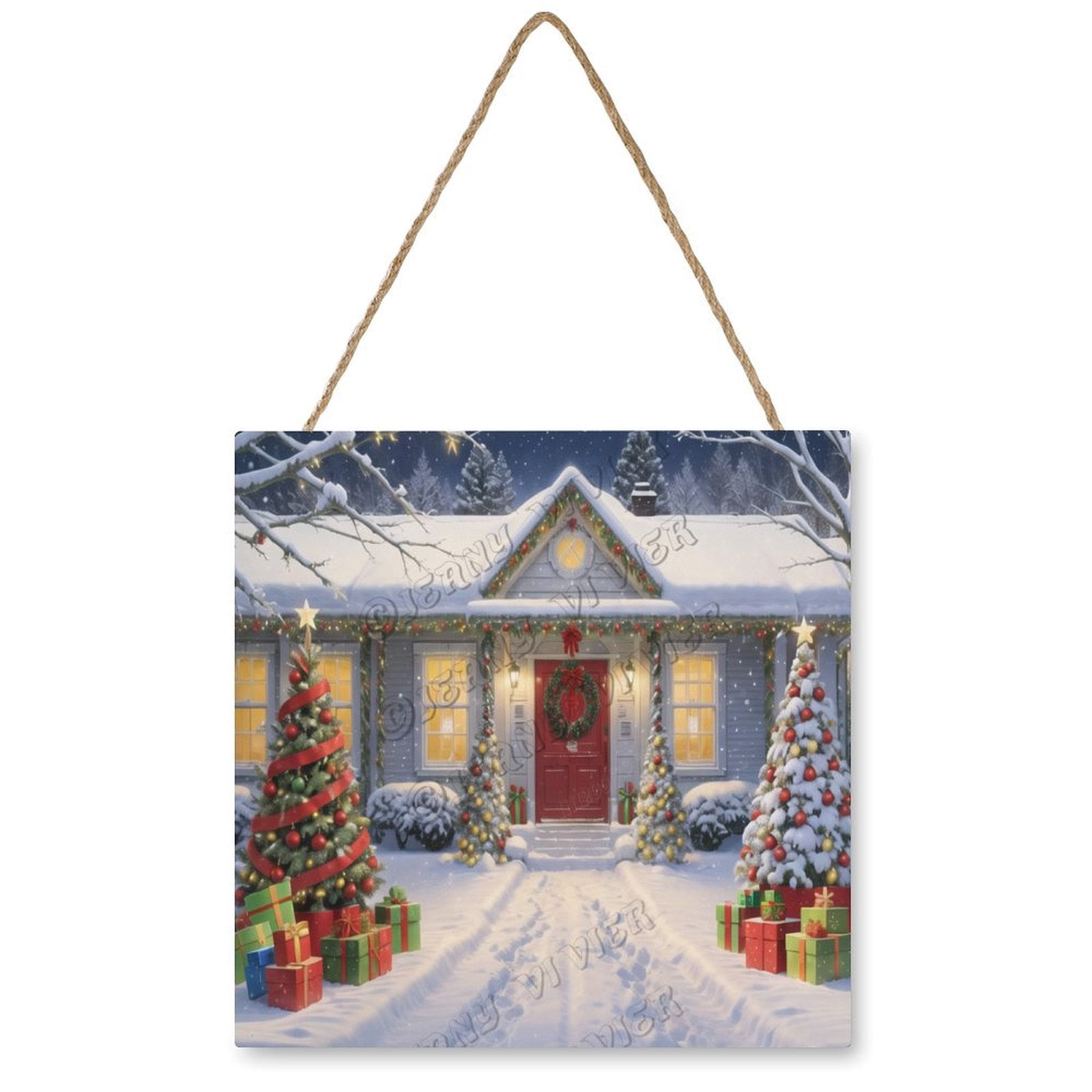 Snowy Winter House Scene Wooden Hanging Sign Farmhouse Vintage Rustic ...