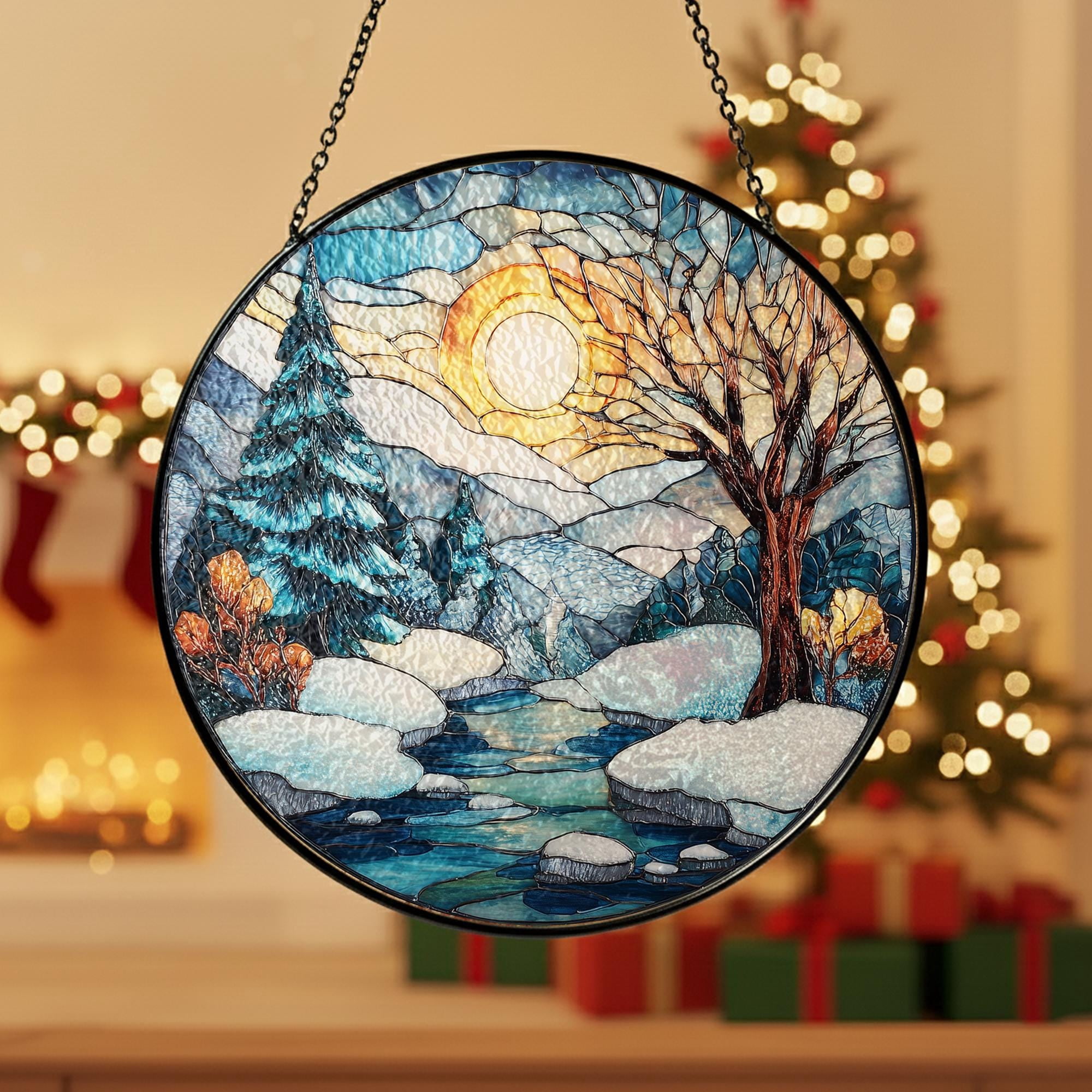 Snowy Winter Scene Christmas Stained Glass Suncatcher Cottagecore ...