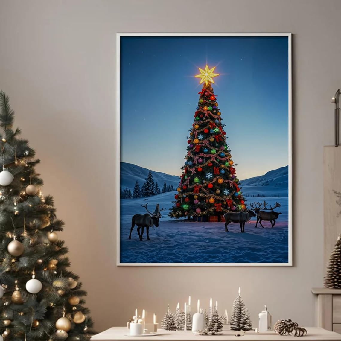 Snowy Winter Tree Wall Art, Winter Landscape Poster With Reindeer ...