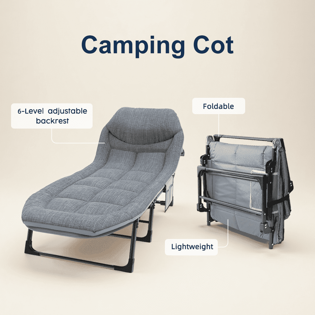 SnozeFlex Camping Cot for Adults 6 Position Adjustable Steel Frame 550 lbs Capacity 74 inch with ...