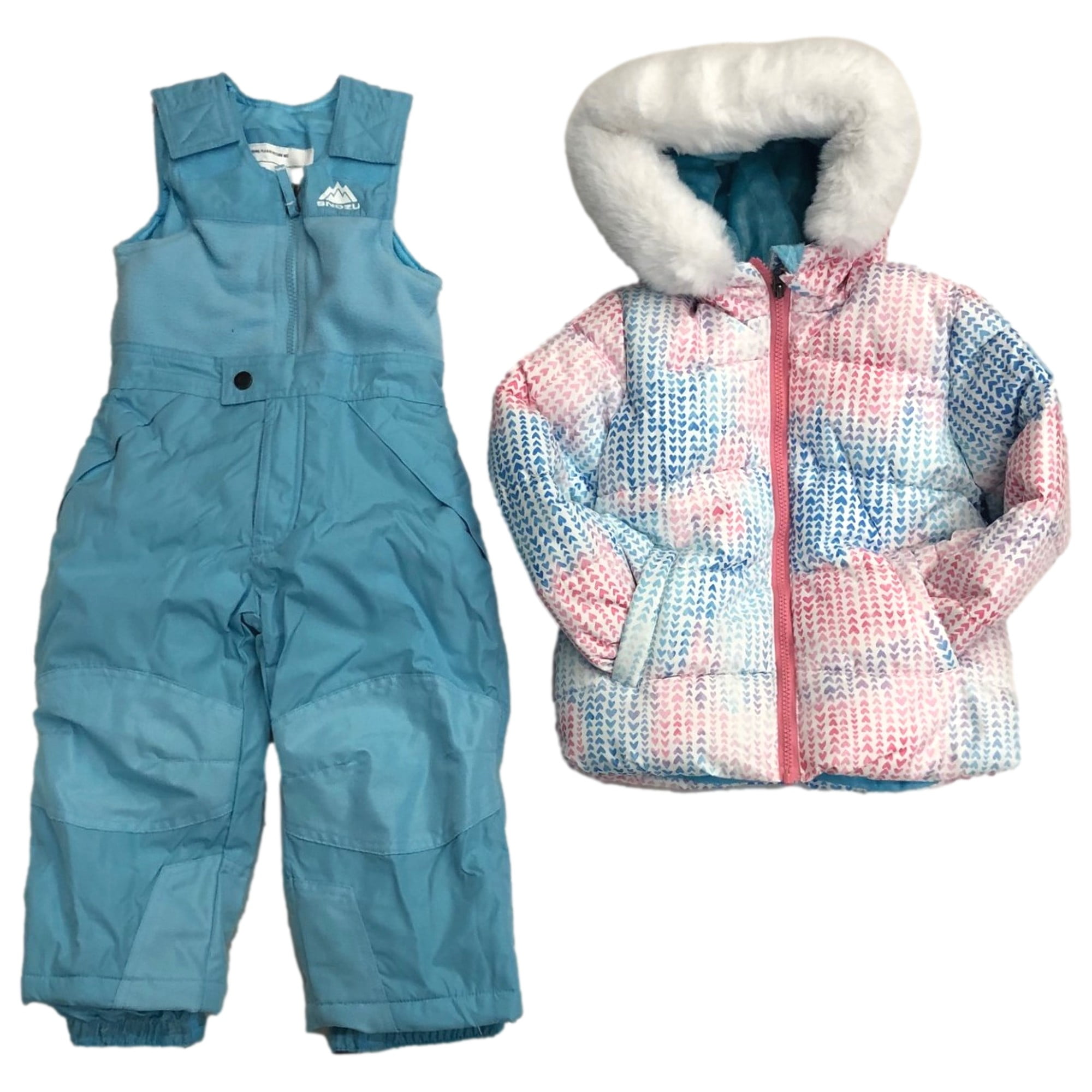 Snozu Toddler Girls Blue & Pink Heart Snowsuit Ski Bibs & Jacket Coat ...