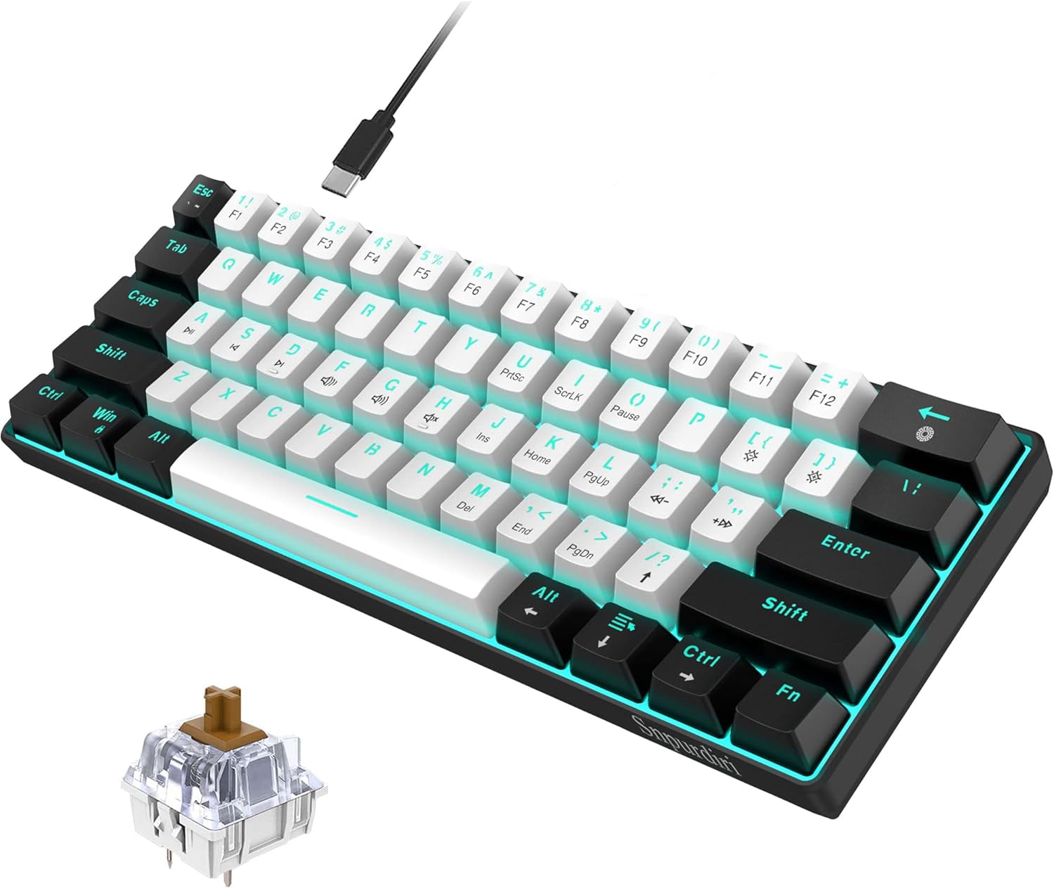 Snpurdiri 60% Wired Mechanical Gaming Keyboard, Ice Blue LED Backlit 61 ...