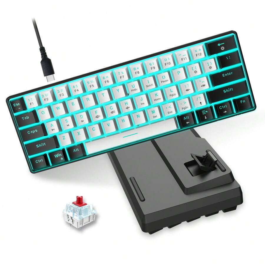 Snpurdiri 60% Wired Mechanical Gaming Keyboard, Ice Blue LED Backlit 61 ...