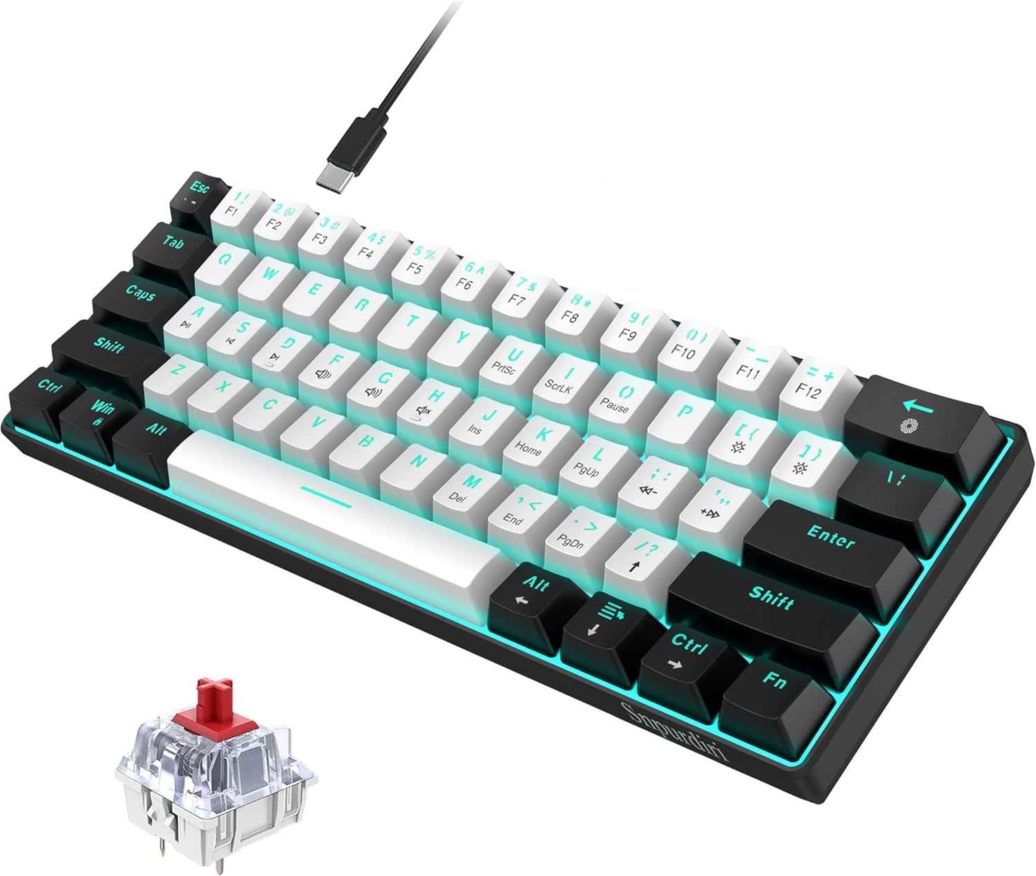 Snpurdiri 60% Wired Mechanical Gaming Keyboard, Ice Blue LED Backlit 61 ...