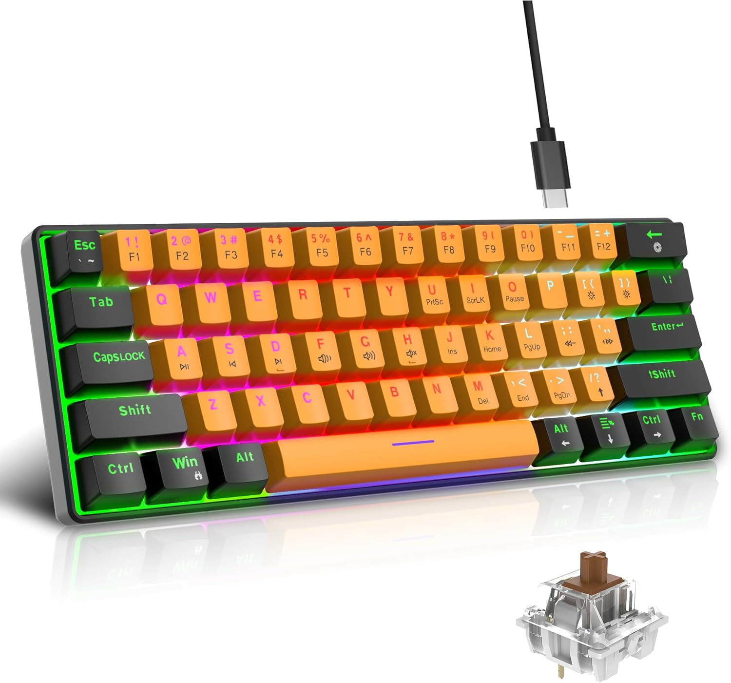 Snpurdiri 60% Wired Mechanical Keyboard, Mini Gaming Keyboard with 61 ...